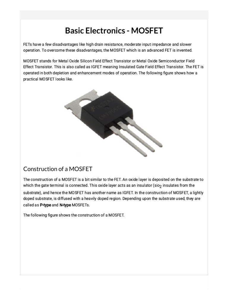 Basic Electronics - MOSFET | PDF | Mosfet | Field Effect Transistor