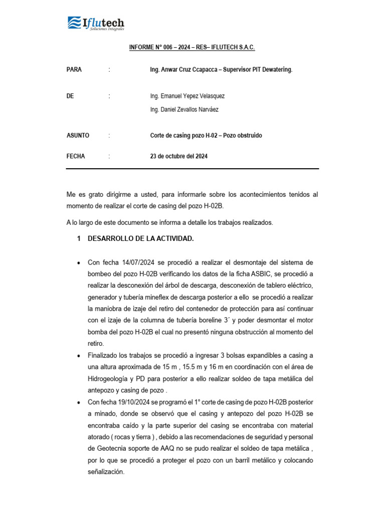 2024.10.23 INFORME 006-RES-2024 - Corte de Casing Pozo H-02B | PDF ...