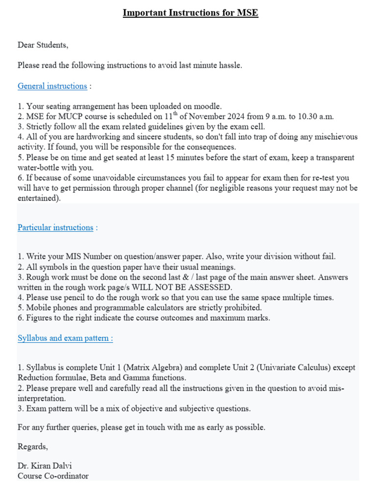 Important Instructions For MSE | PDF