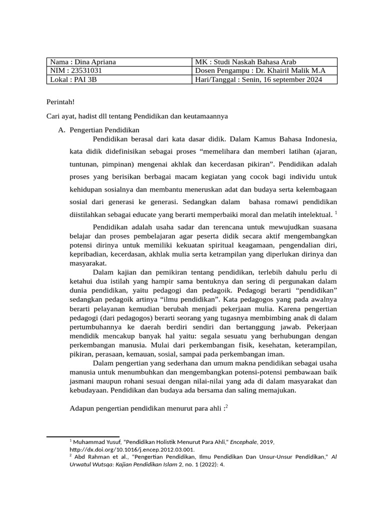 Tugas Studi Naskah Bahasa Arab Tentang Pendidikan | PDF | Agama & Spiritualitas