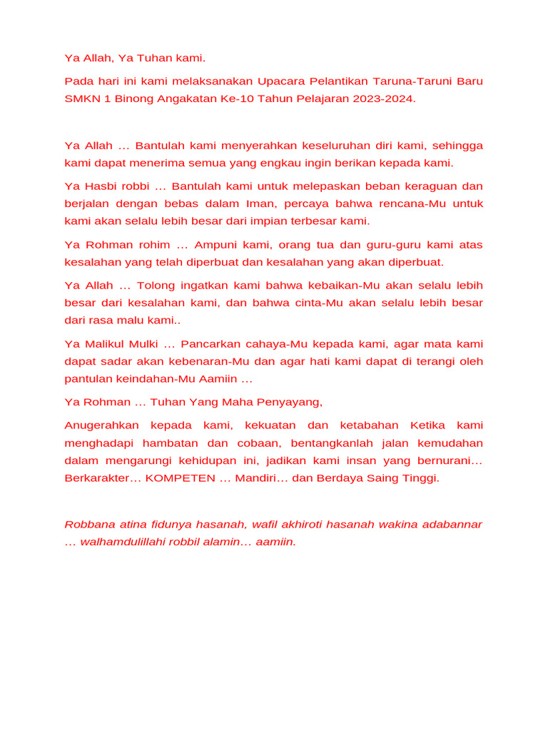 Teks Do'a Pelantikan | PDF | Pengembangan Diri