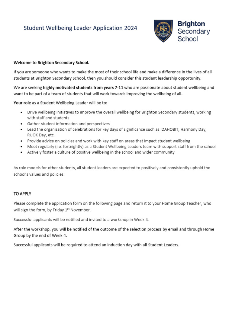 Student Wellbeing Leader Application 2024 | PDF | Well Being | Psychology