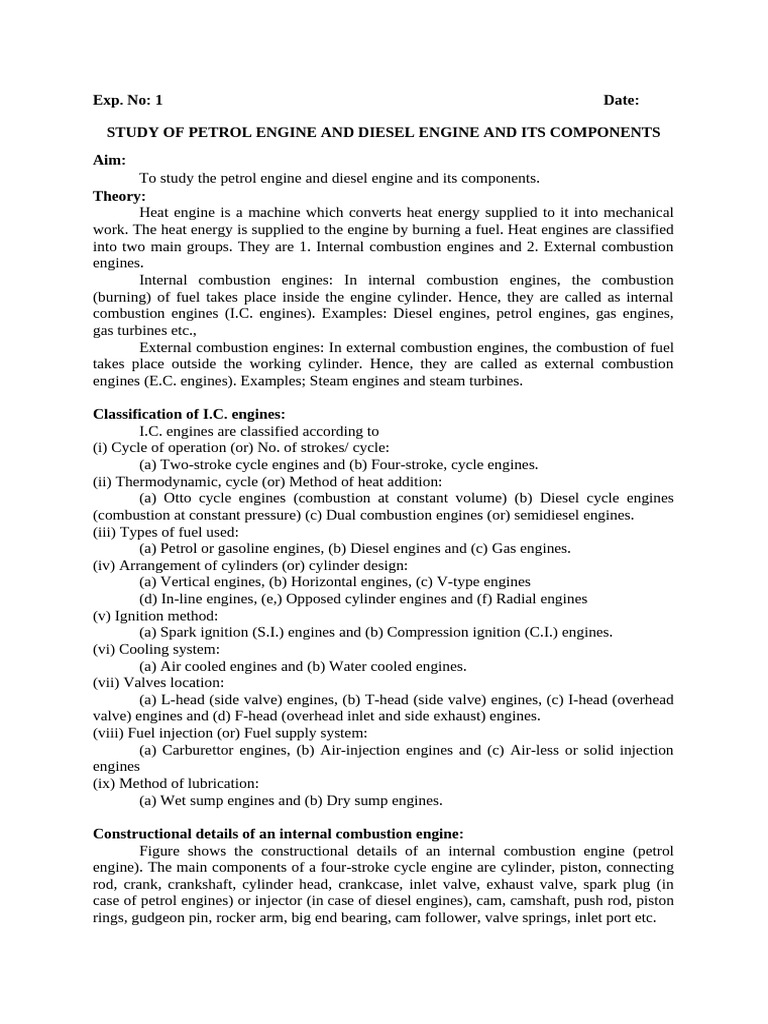 Study of Petrol Engine and Diesel Engine and Its Components | PDF ...