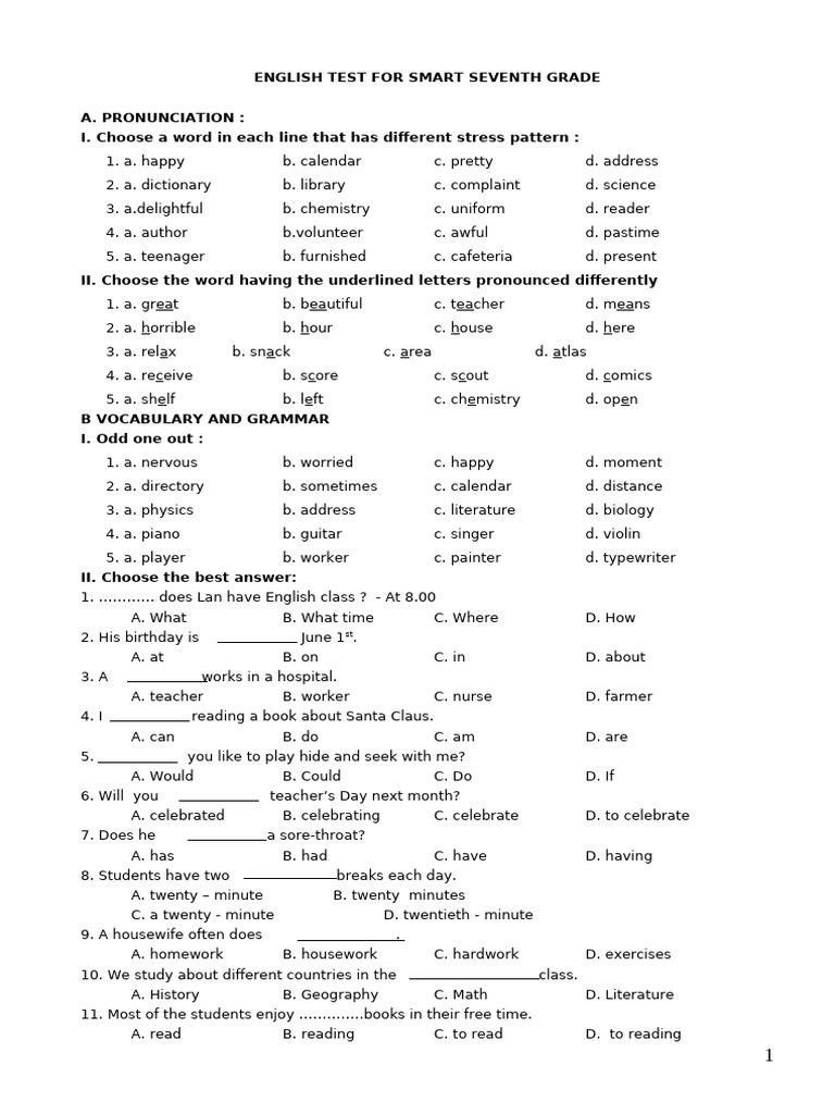 English Test For Smart Seventh Grade | PDF
