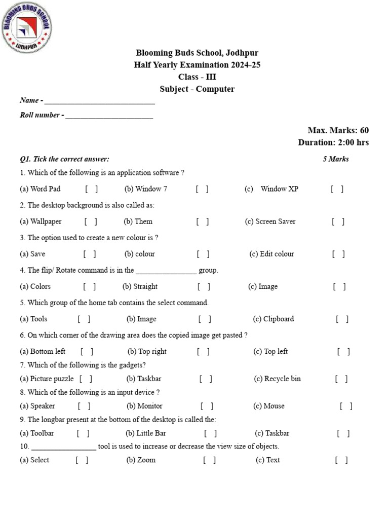 Half Yearly Examination 2024-25 Computer Class III | PDF | Software ...