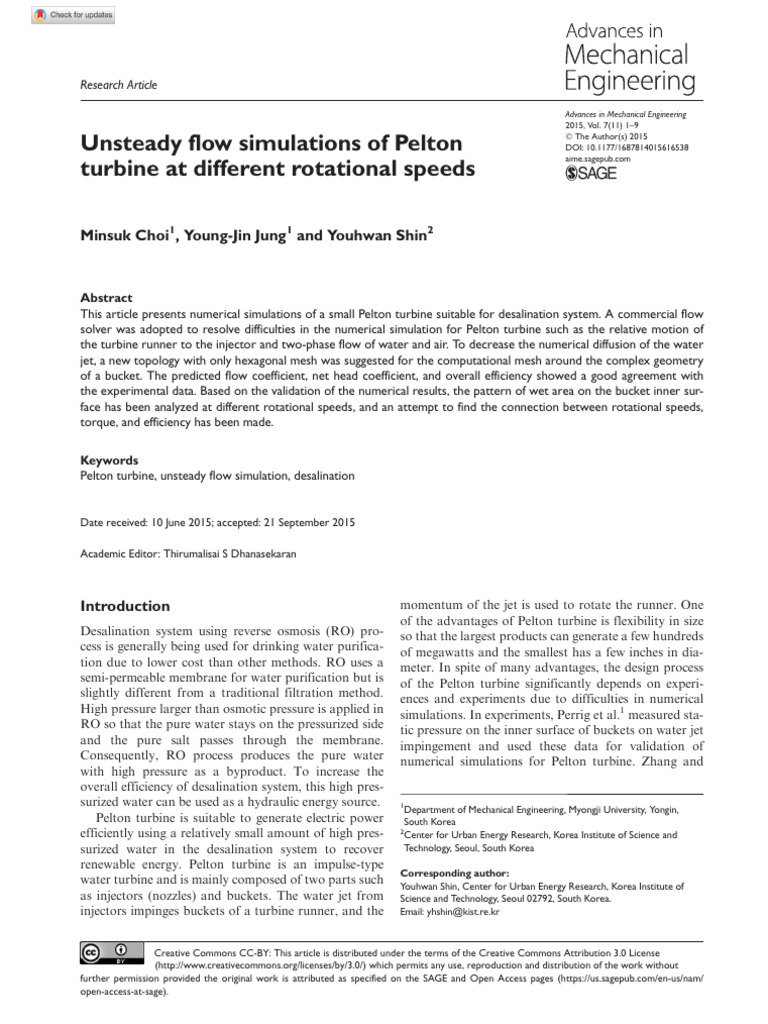 Choi Et Al 2015 Unsteady Flow Simulations of Pelton Turbine at Different Rotational Speeds | PDF ...