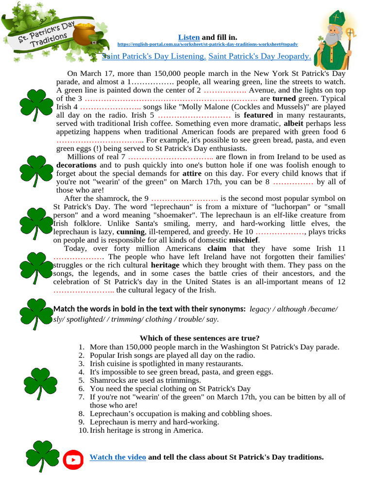 ST Patrick Day Traditions Reading Listening - 148827 | PDF | Leprechaun