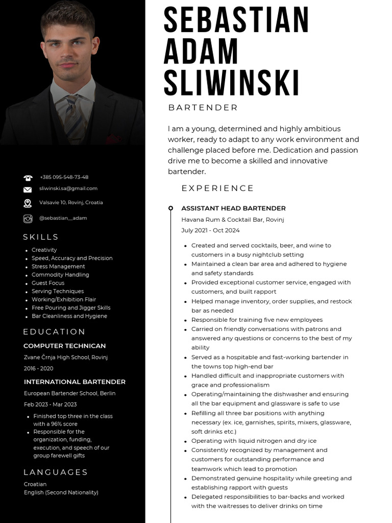 Sebastian Adam Sliwinski CV | PDF | Bartender | Waiting Staff