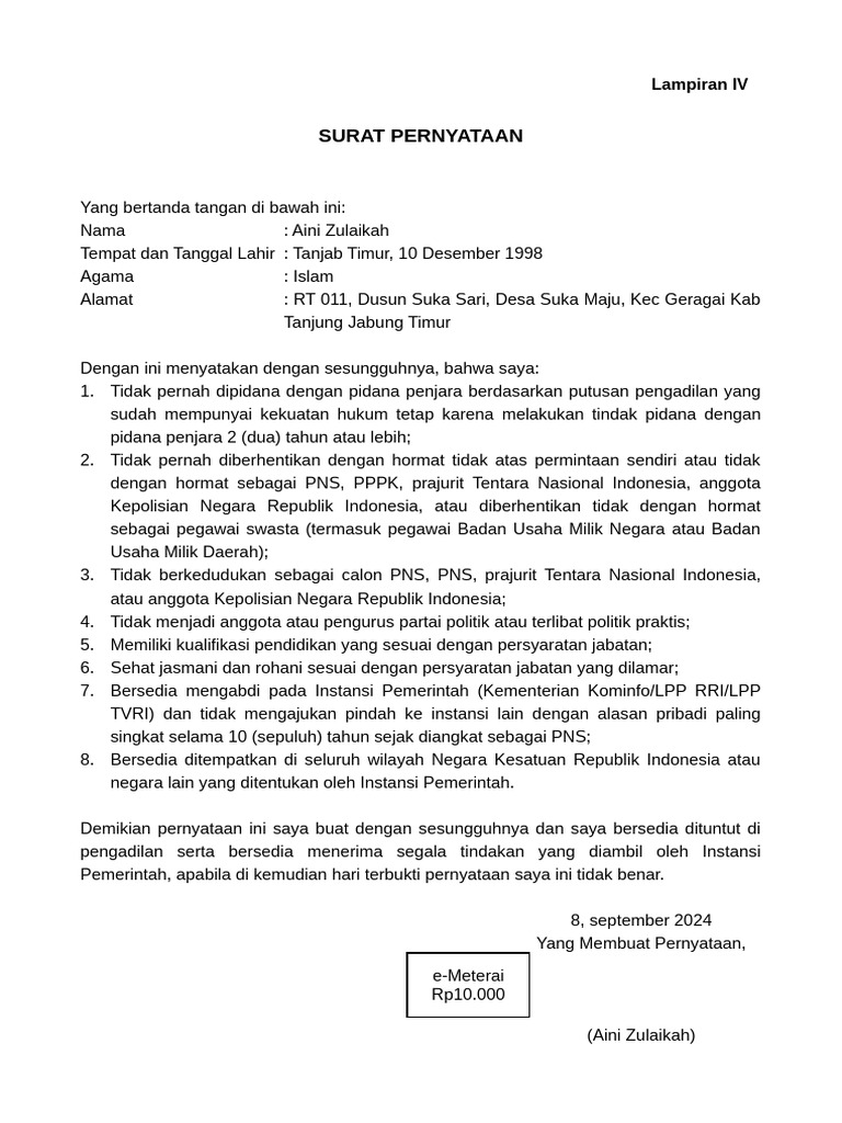Surat Pernyataan Aini Zulaikah | PDF