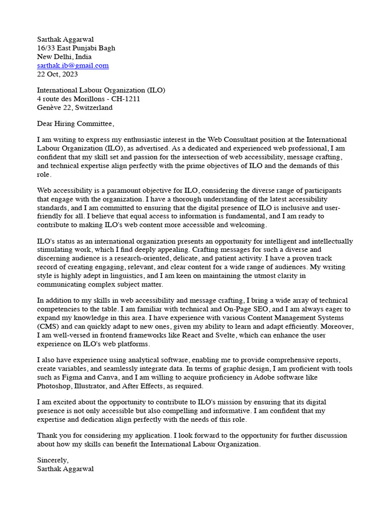 ILO Cover Letter | PDF | International Labour Organization | Human ...