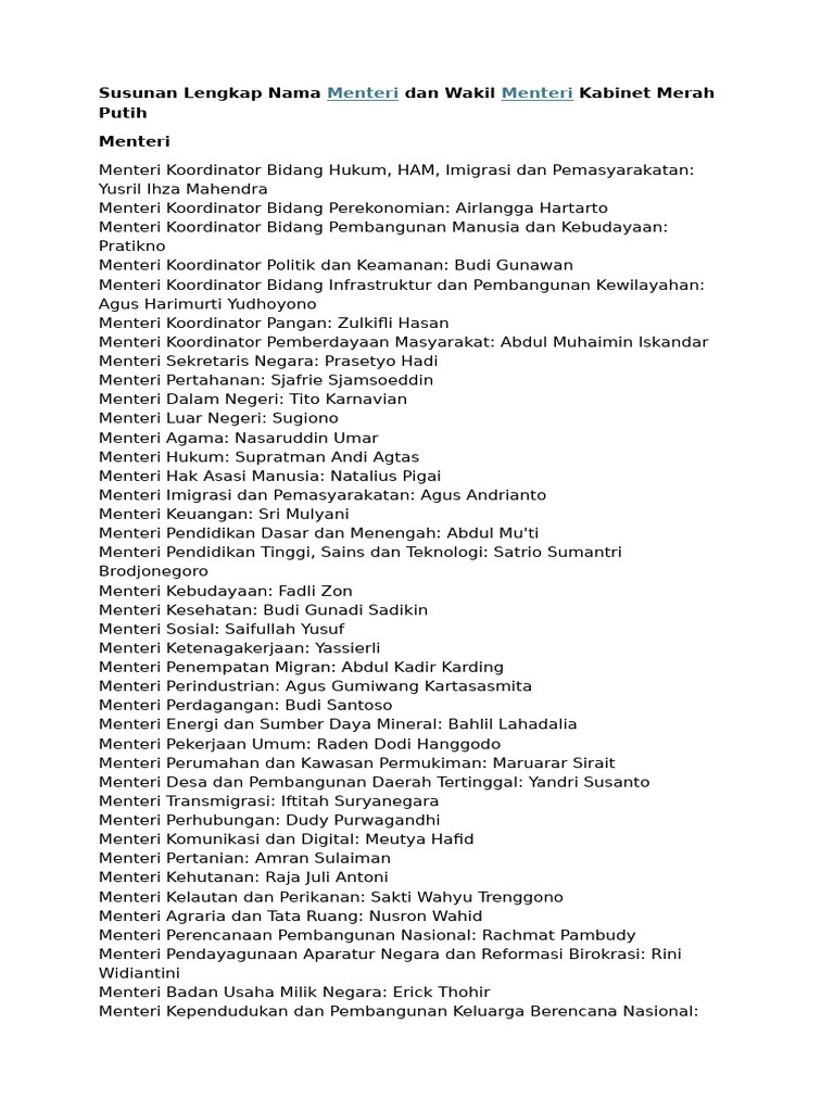 Susunan Lengkap Kabinet Merah-Putih | PDF Susunan Lengkap Kabinet Merah-Putih | PDF