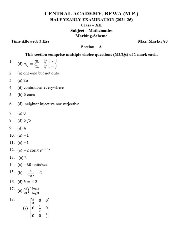 XII Mathematics Answersheet | PDF | Mathematics | Mathematical Concepts