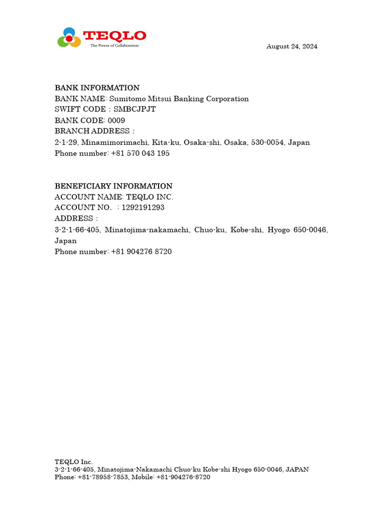 Bank Info SMBC Teqlo | PDF