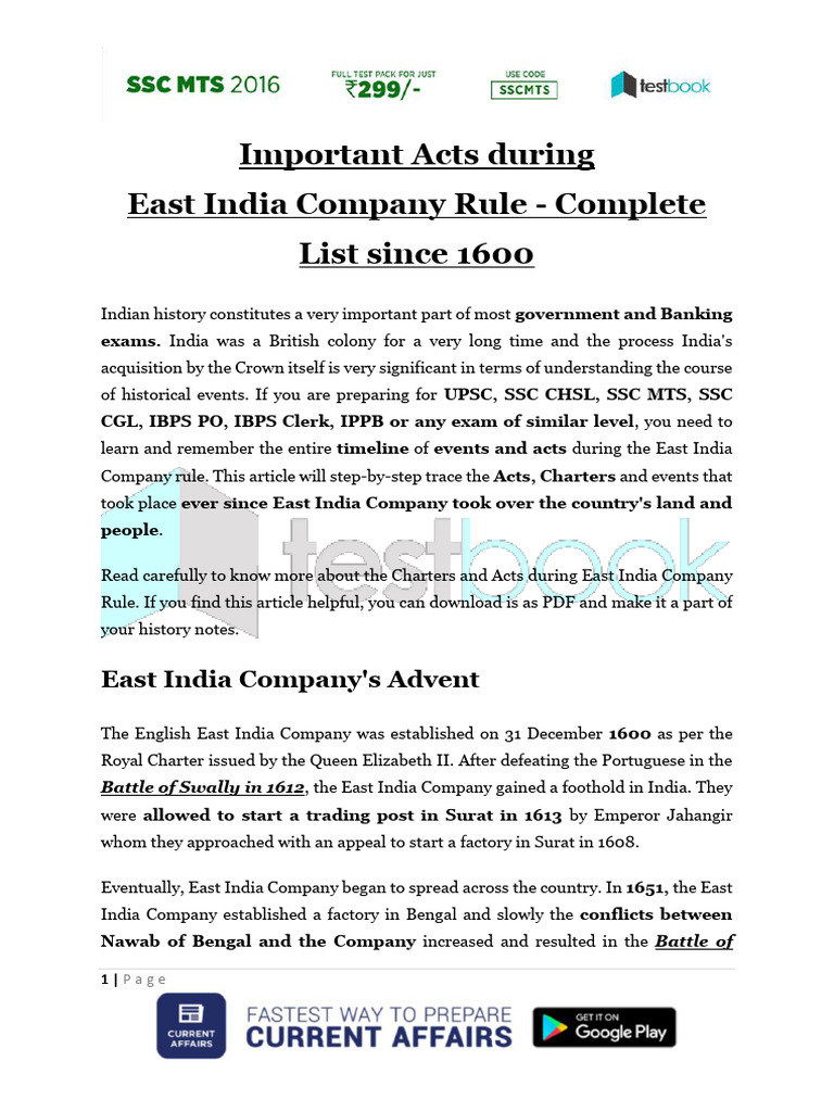Important Acts During East India Company Rule Complete List Since 1600 ...