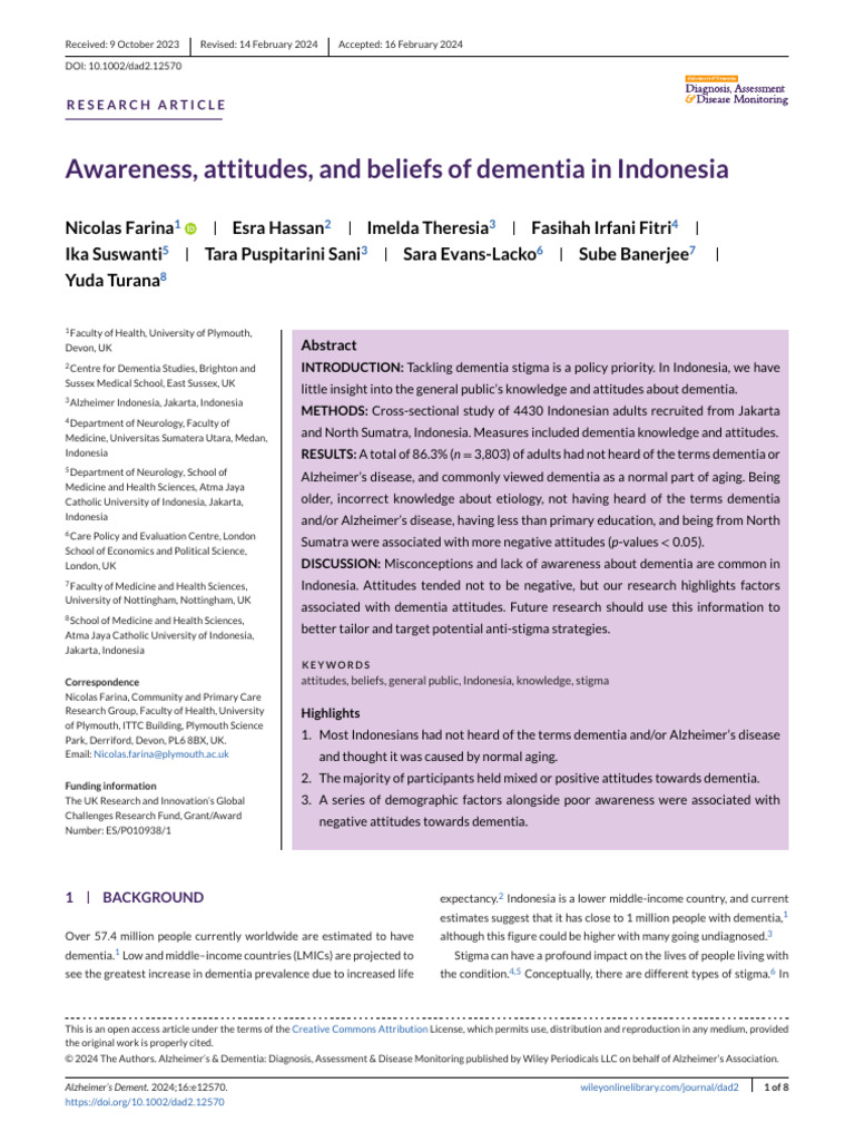 Alz Dem Diag Ass Dis Mo - 2024 - Farina - Awareness Attitudes and ...