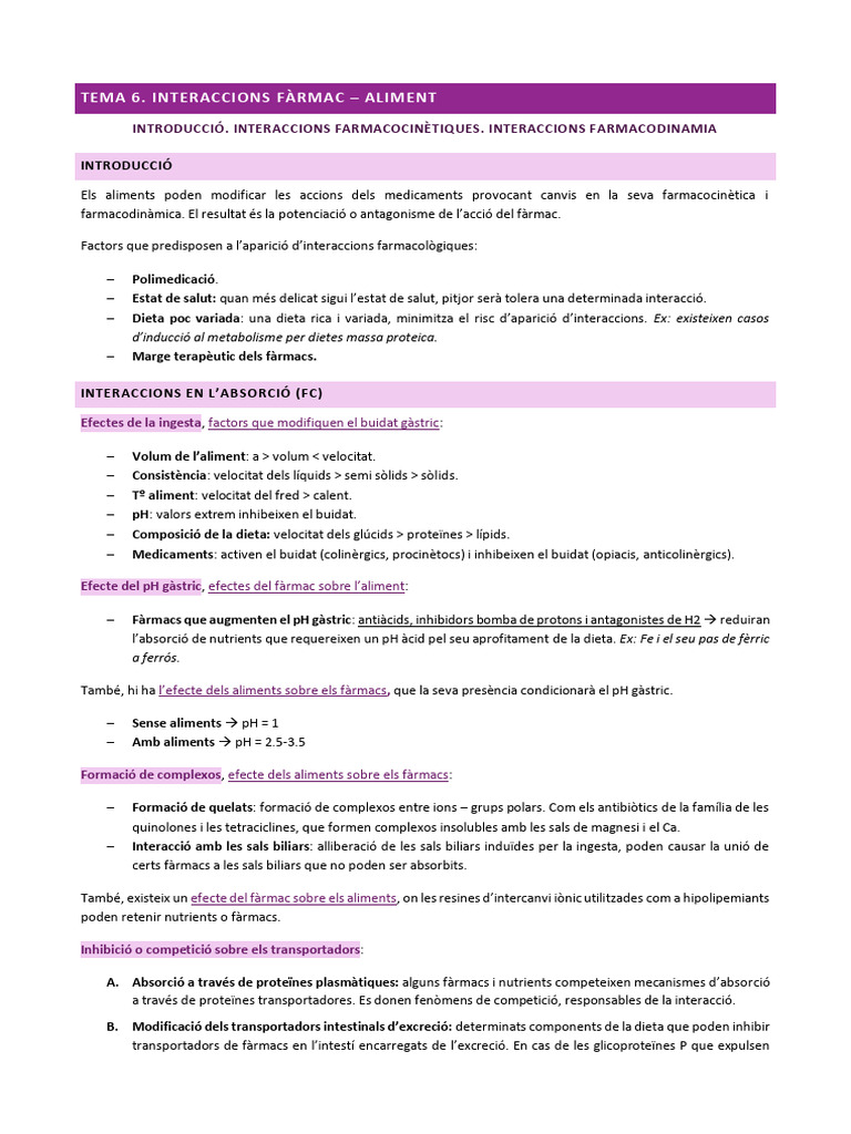 Tema 6. Interaccions Fàrmac - Aliment | PDF