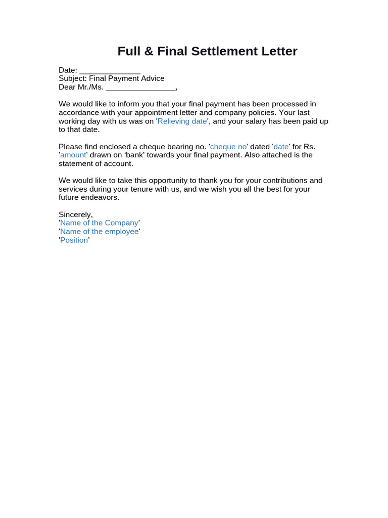 Full and Final Settlement Letter Format - 1 | PDF