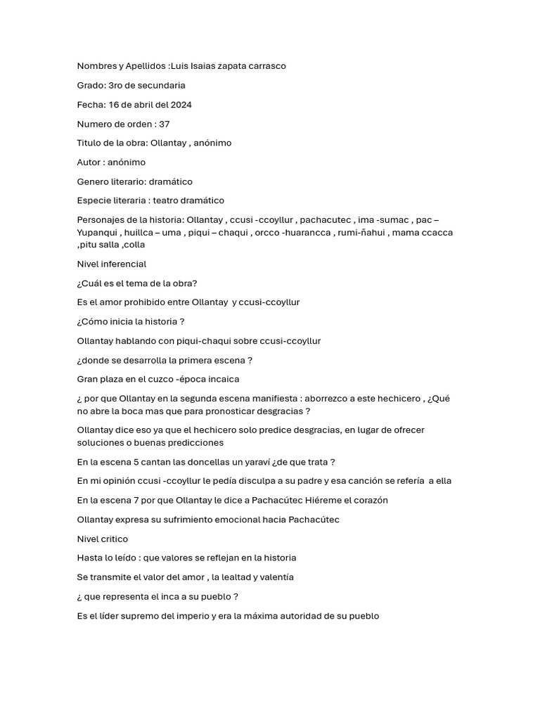 Análisis de "Ollantay" por Isaias Zapata | PDF | Libros para ...