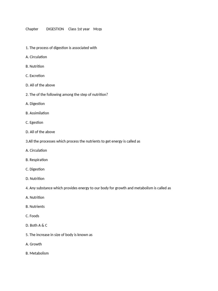 Chapter Digestion MCQS-WPS Office | PDF | Digestion | Stomach