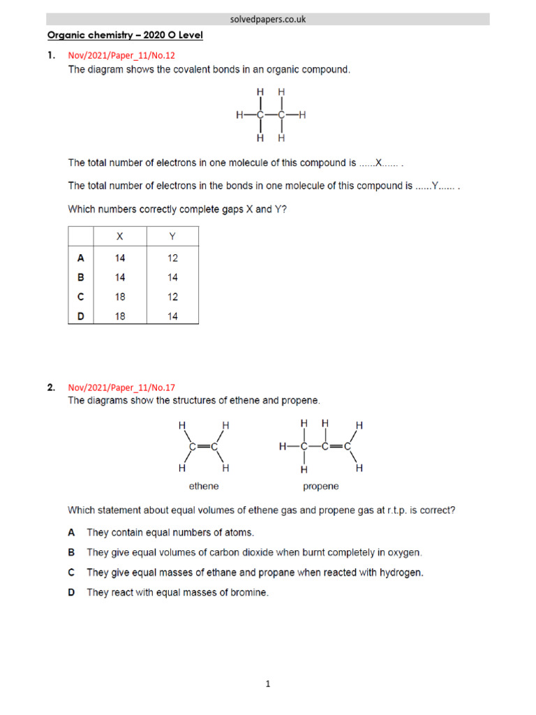 2020 Organic Chemistry O Level 5070 | PDF