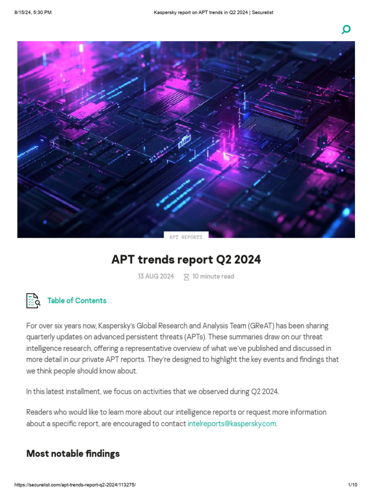 Kaspersky Report On APT Trends in Q2 2024 | PDF | Malware | Cybercrime