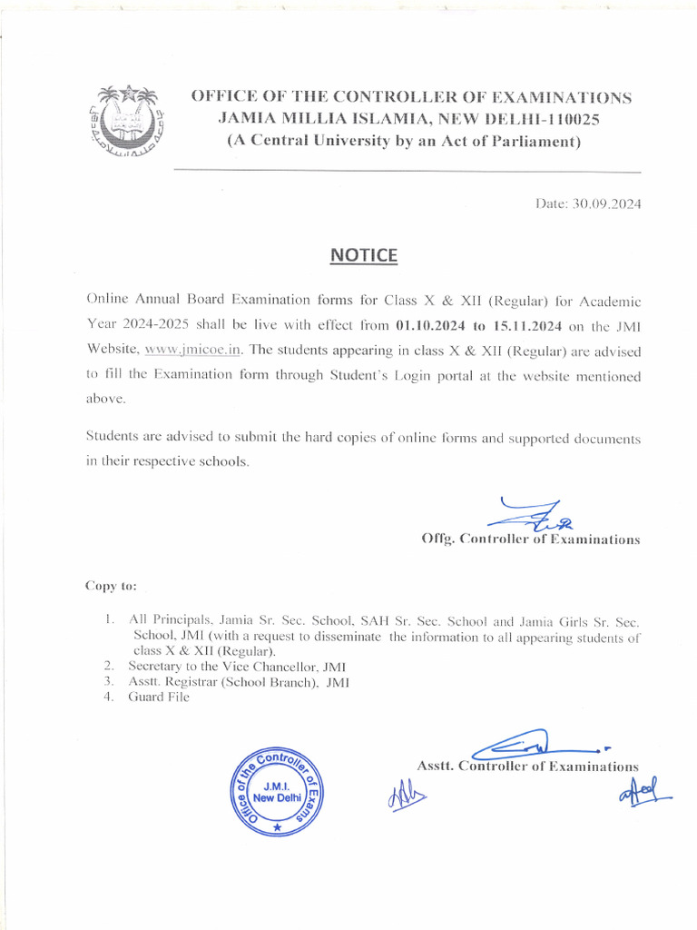 Notice for Online Annual Board Examination Forms for Class-x & Xii ...