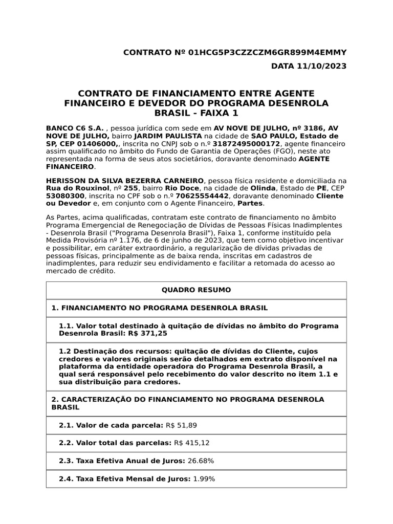 Financiamento C6 no Programa Desenrola | PDF | Cheque (banco) | Crédito
