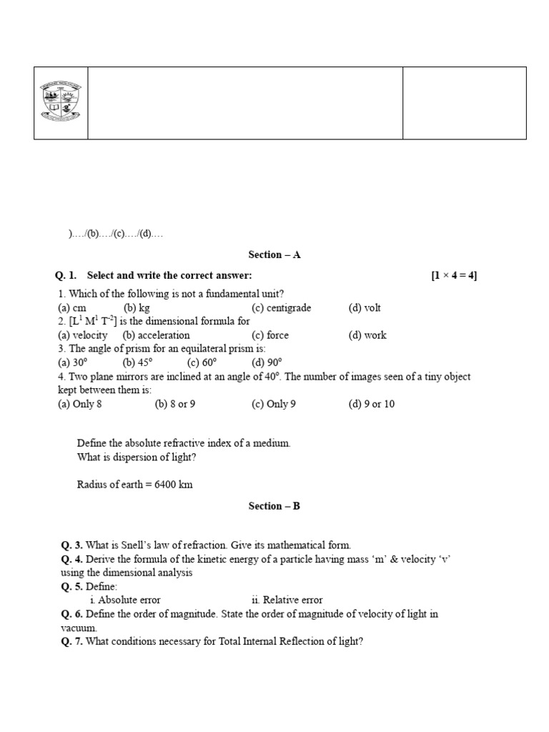 Physics UT 1 | PDF | Refraction | Electrodynamics