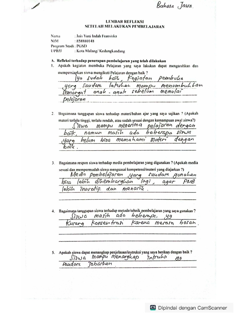 Lembar Refleksi RPP 9,10 | PDF