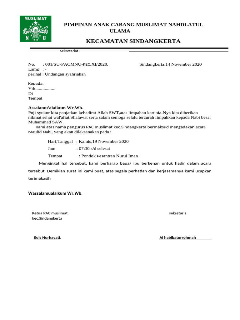 Surat Undangan MUSLIMAT NU SDK | PDF | Memasak, Makanan, & Anggur