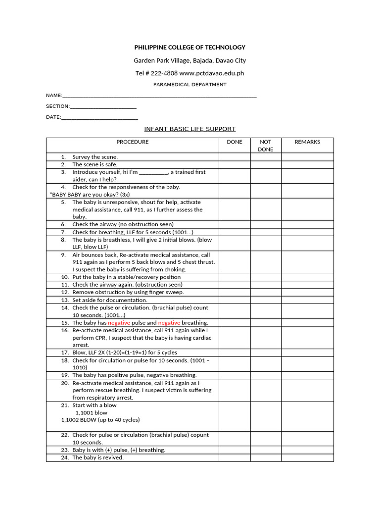 Infant Basic Life Support Checklist | PDF | First Aid | Emergency ...