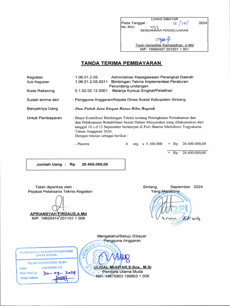 Contoh Kwitansi BIAYA KONTRIBUSI BIMTEK | PDF