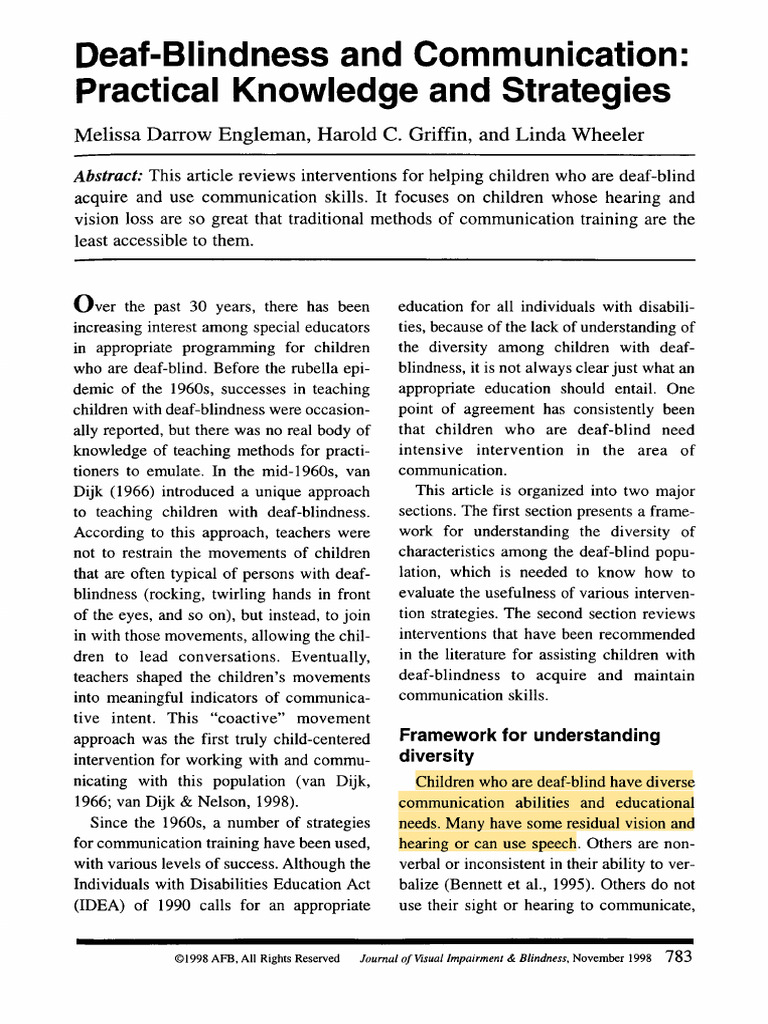 Engleman Et Al 1998 Deaf Blindness and Communication Practical Knowledge and Strategies | PDF ...