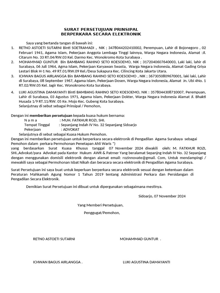 Surat Persetujuan Prinsipal Untuk Berperkara Secara Elektronik | PDF