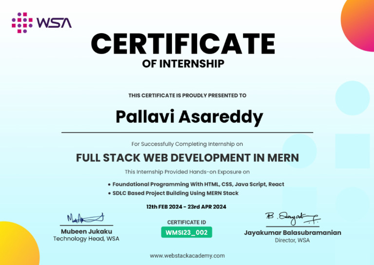 Wsa Internship Certificate PallaviAsareddy | PDF