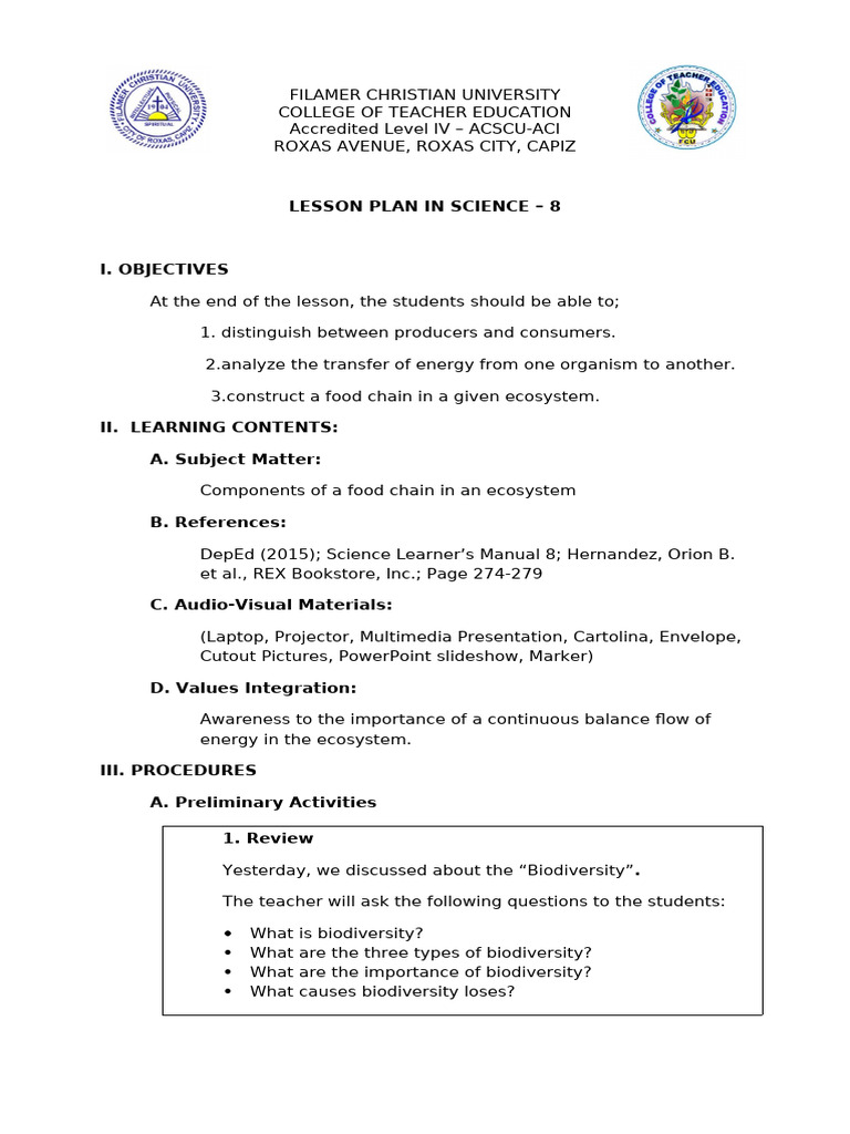 Science 8 Lesson Plan: Food Chains | PDF | Food Web | Ecology
