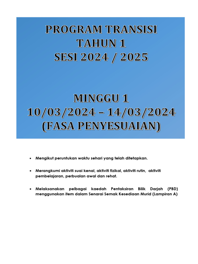 Jadual Transisi Tahun 1 2024 (Minggu 1) | PDF | Karier & Perkembangan