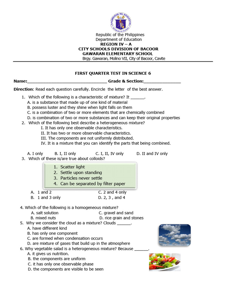 First Quarter Test in Science 6 | PDF | Mixture | Filtration