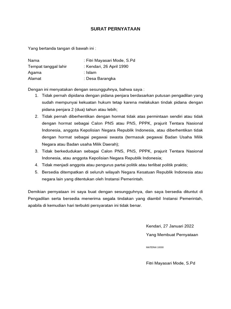 Blangko-SURAT-PERNYATAAN-5-POIN. TAHAP 2docx | PDF