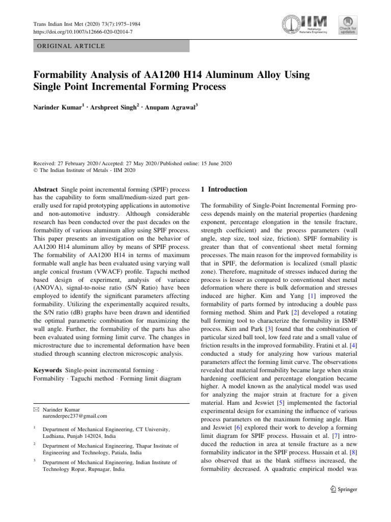 Formability Analysis of AA1200 H14 Aluminum Alloy Using Single Point ...