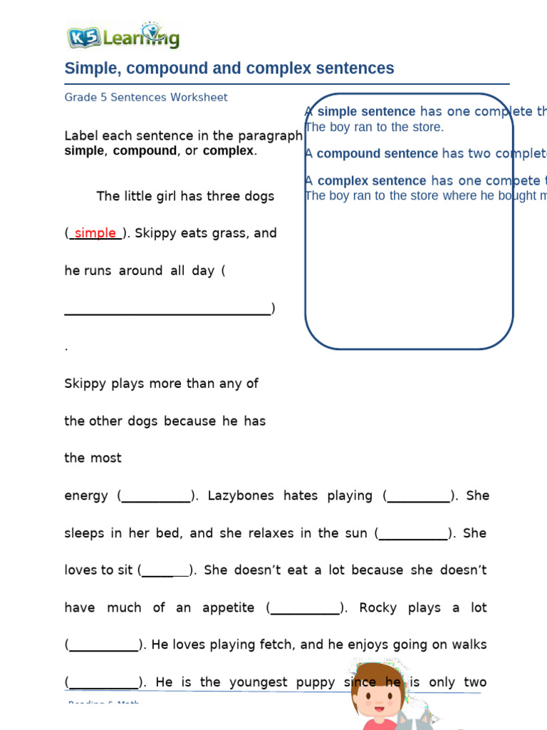 Grade 5 Simple, Compound, Complex Sentences Worksheet | PDF