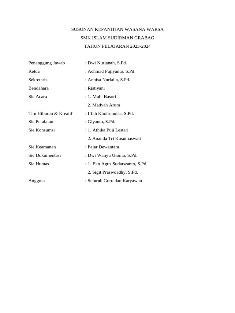 Susunan Kepanitian Wasana Warsa | PDF | Pengembangan Diri
