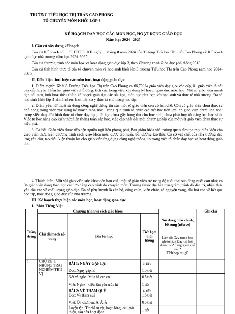 Ppct Khối 3- 2024-2025 Bản Chốt | PDF