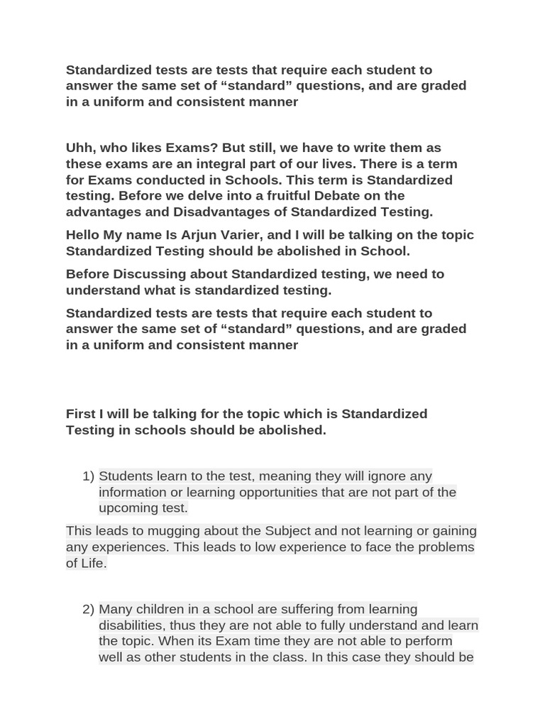 Standardized Tests Are Tests That Require Each Student To Answer The ...