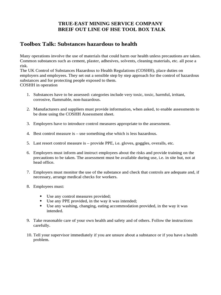 COSHH Toolbox Talk Overview | PDF | Wellness