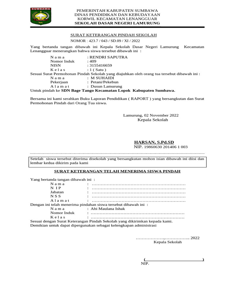 Surat Ket. Pindah SKLH | PDF