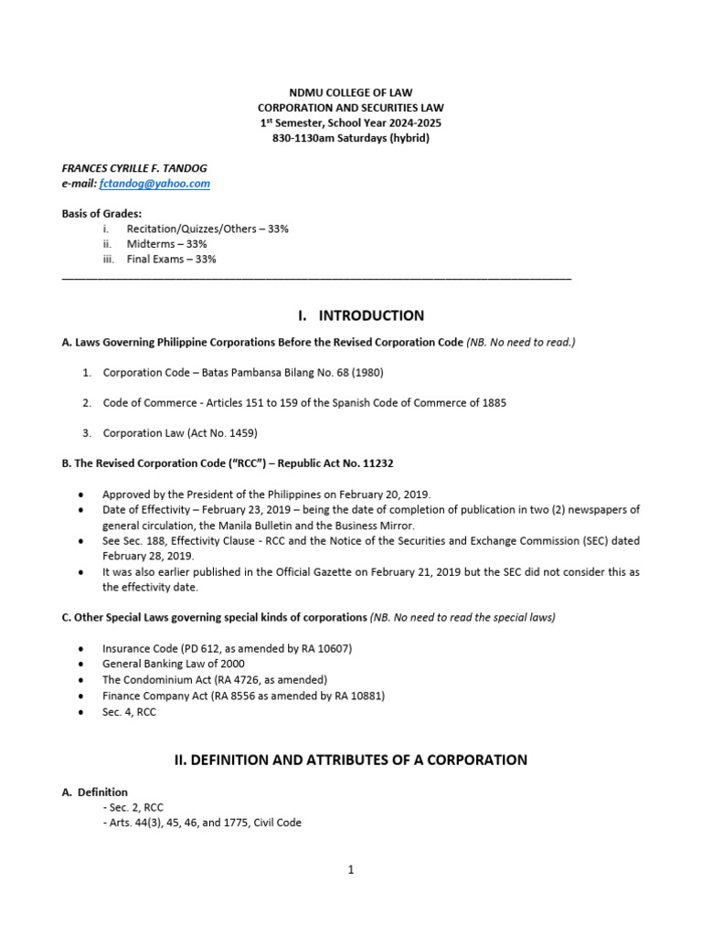 Corporation and Securities Law (1st Sem 2024-2025) OUTLINE | PDF ...