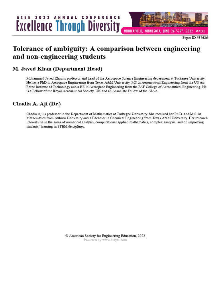 Tolerance of Ambiguity A Comparison Between Engineering and Non ...