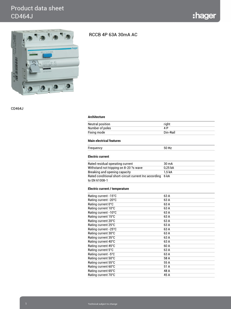 CD464J RCCB 4P 63A 30mA Data Sheet | PDF | Electromagnetism | Electric ...