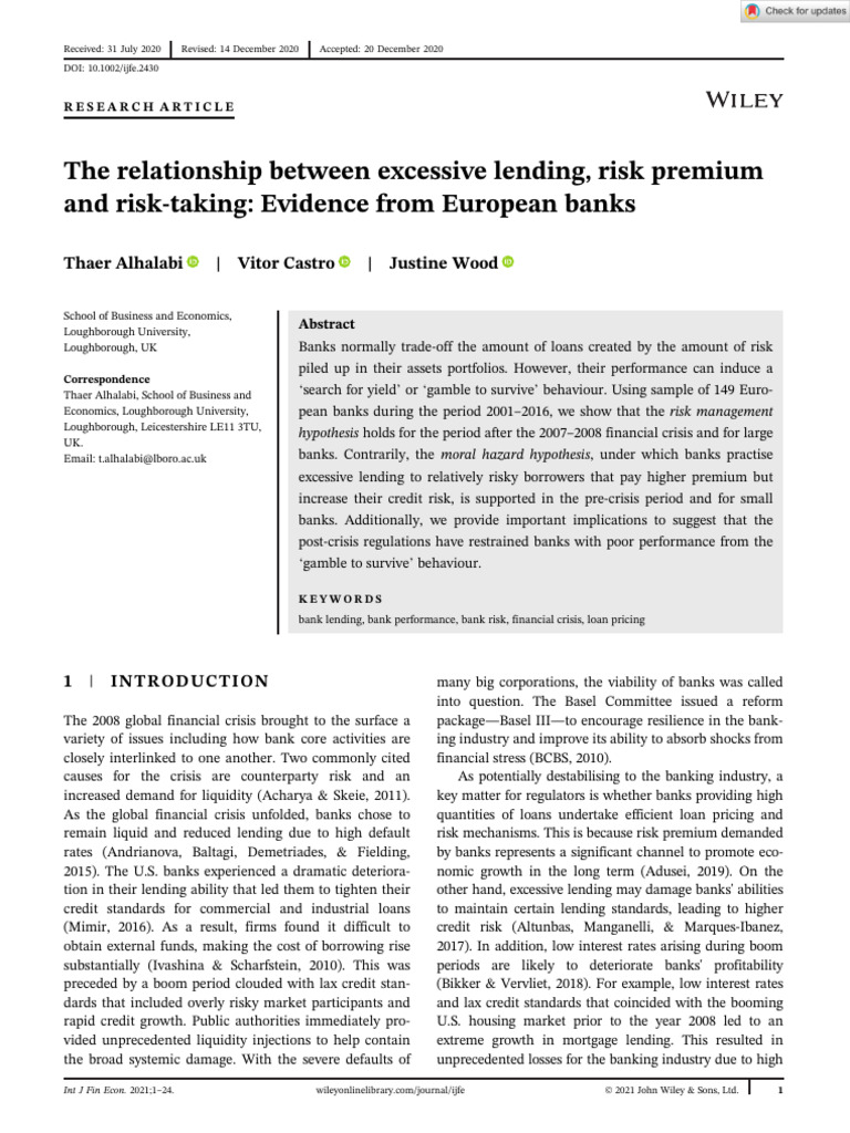 Int J Fin Econ 2021 Alhalabi The Relationship Between Excessive Lending ...